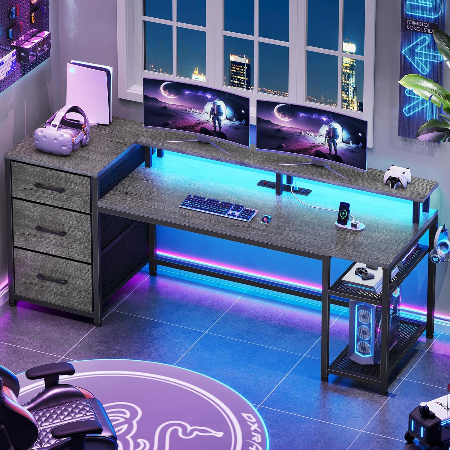 Wrought Studio™ 59" Office Desk With Drawers, Reversirble Computer Desk With File Drawers ...